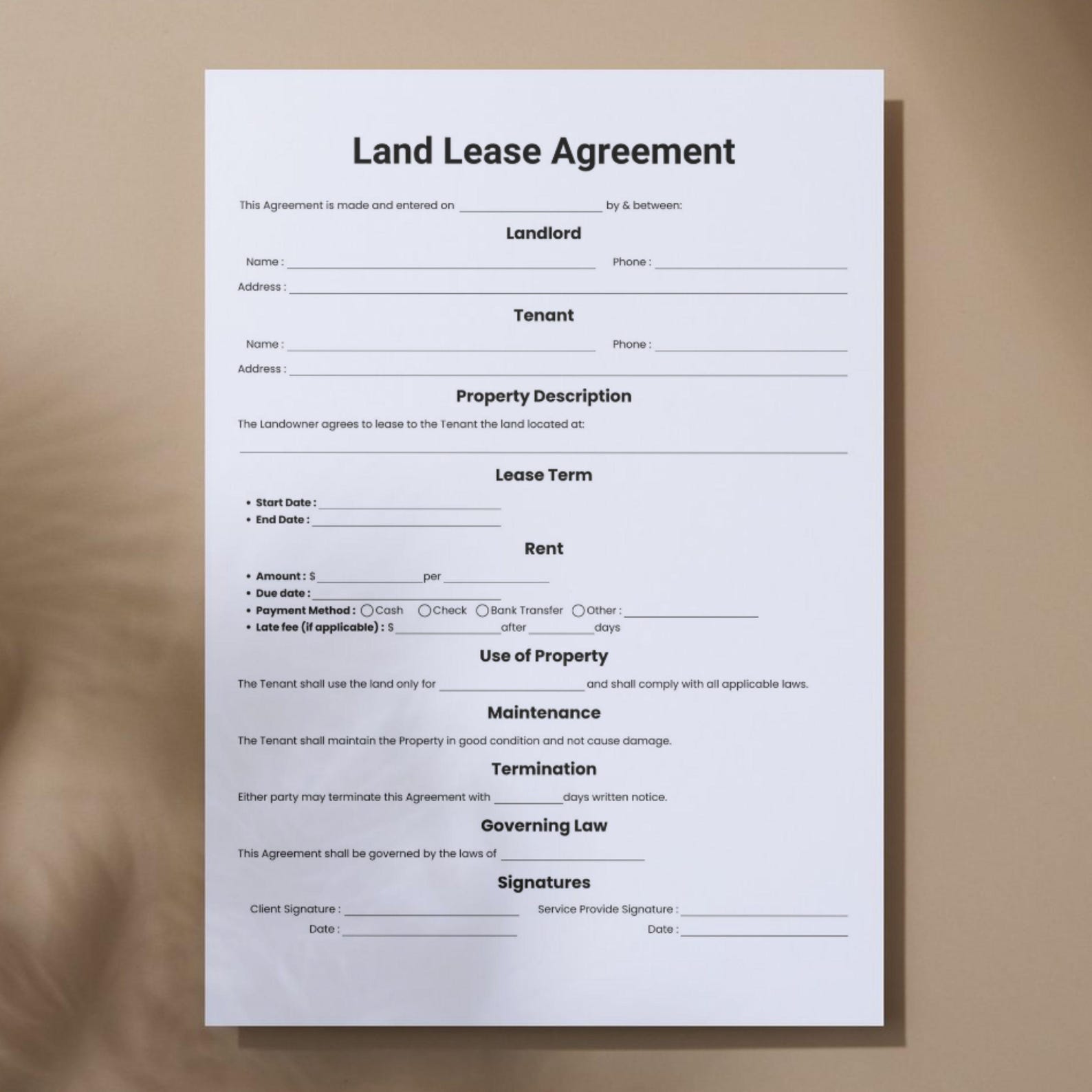 Simple Land Lease Agreement Template, One Page Land Rental Contract ...