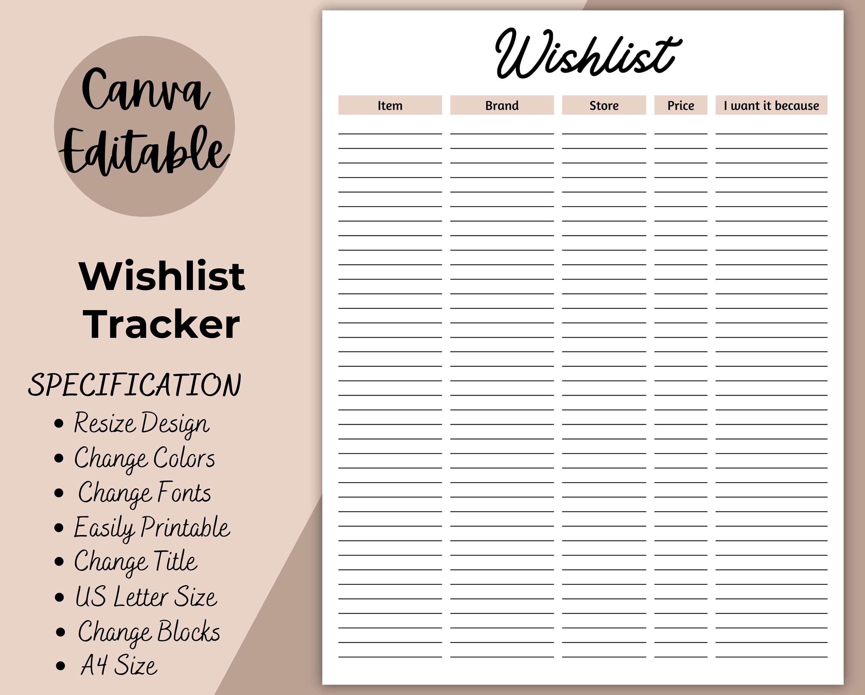 Wishlist Tracker Printable Things to Buy Editable Want - Etsy
