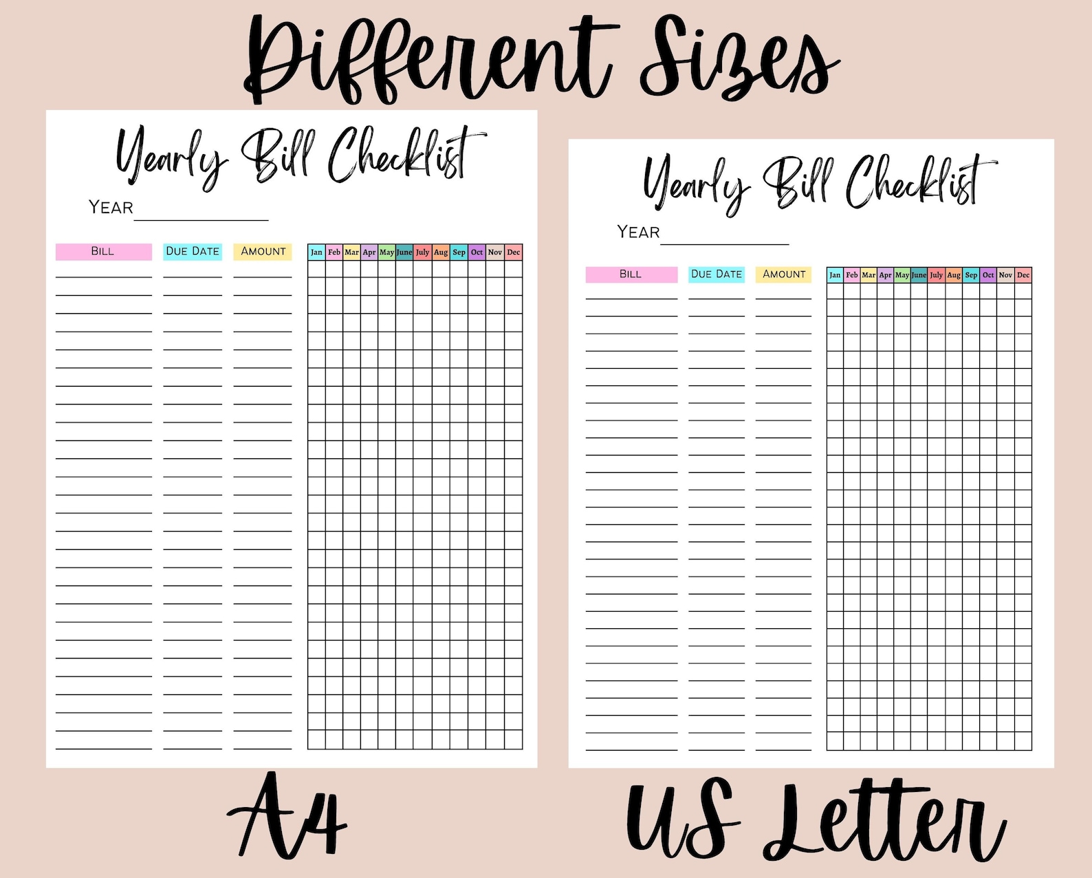 Bill Checklist Printable Monthly or Yearly Bill Tracker - Etsy
