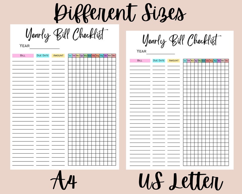 Bill Checklist Printable Monthly or Yearly Bill Tracker - Etsy
