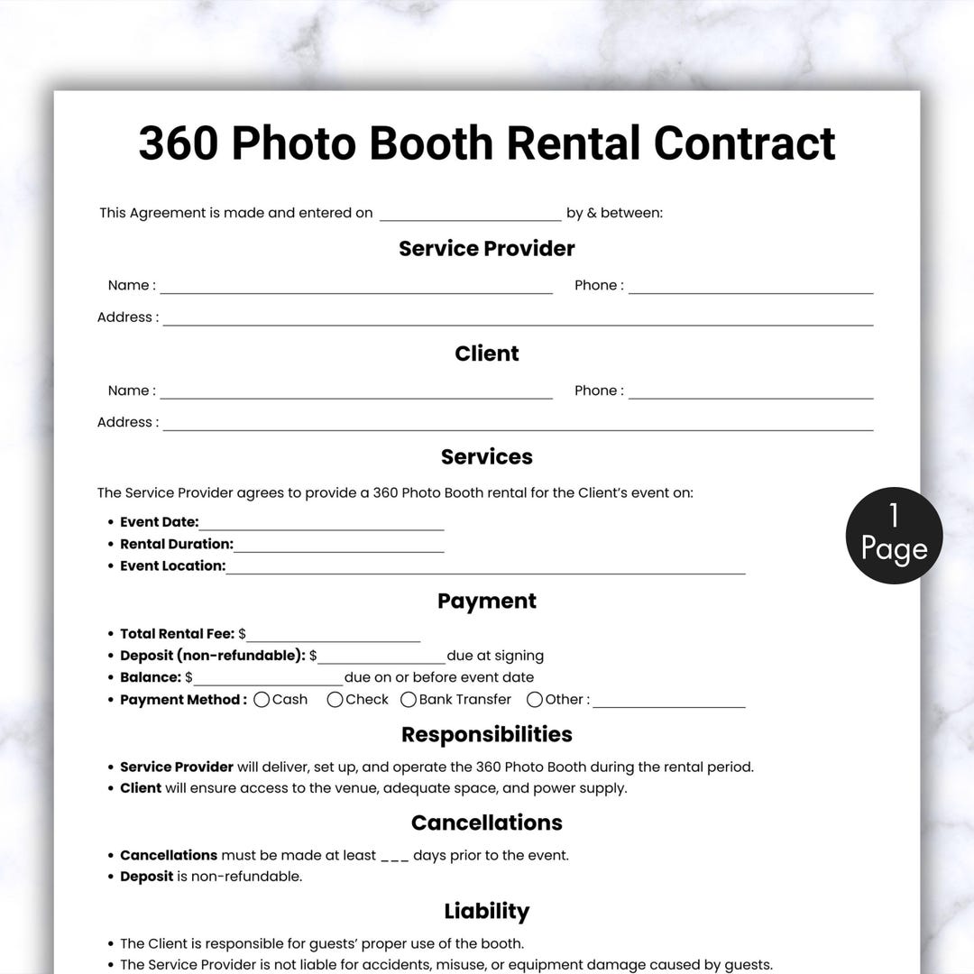 Simple 360 Photo Booth Contract, One Page Photo Booth Lease Agreement ...