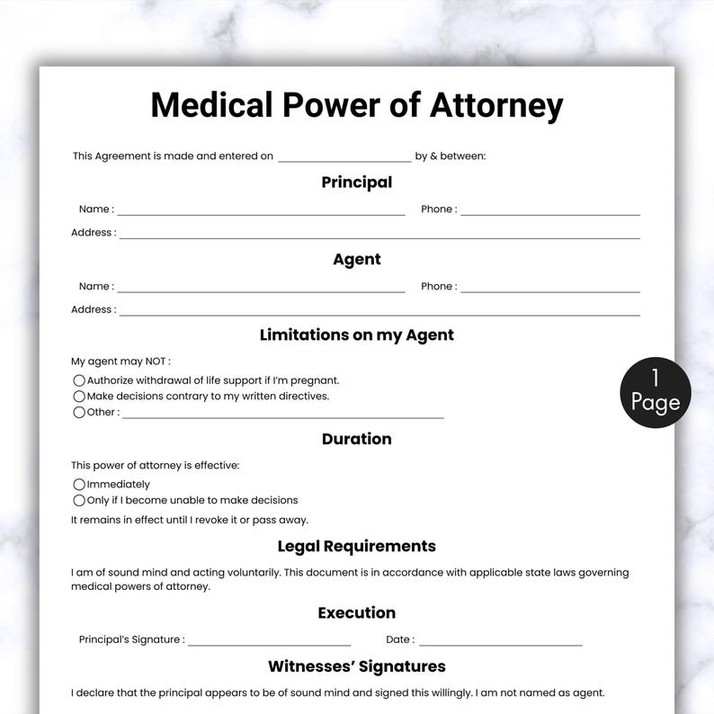 Simple Medical Power of Attorney Form, One Page Healthcare Authority ...
