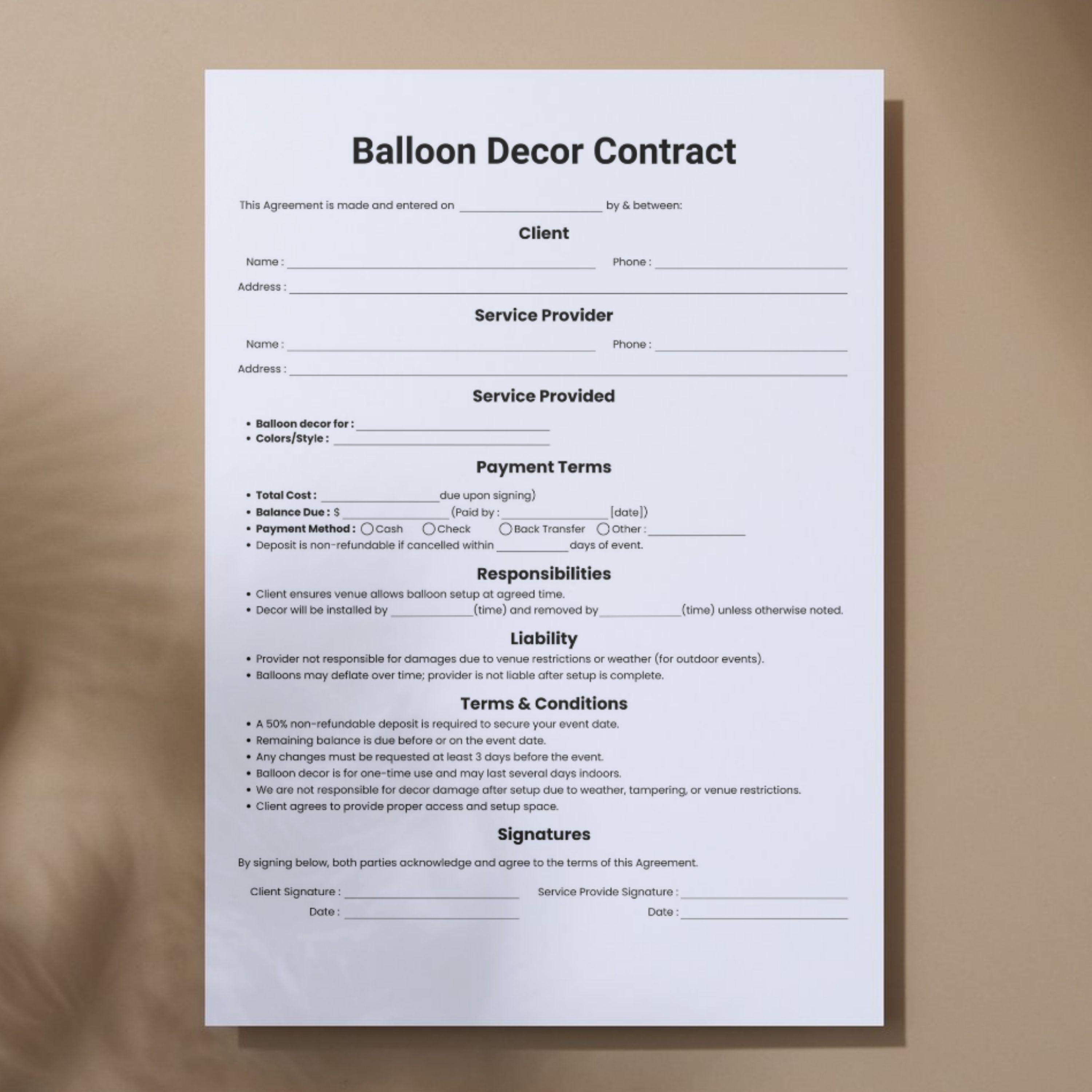 Simple Balloon Decor Contract Template, One Page Balloon Artist Service ...
