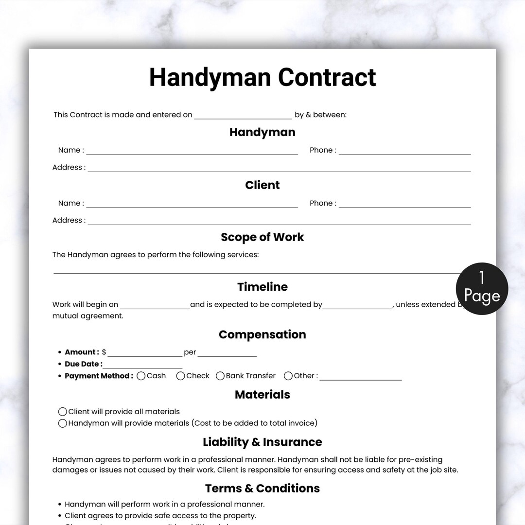 Simple Handyman Contract, One Page General Contract Template, Printable & Editable Sub ...