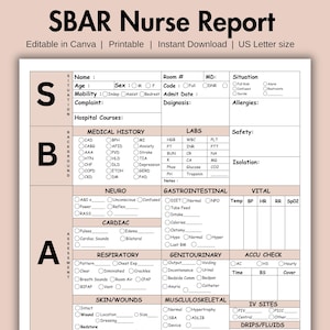 SBAR Nurse Report Sheet Editable Med Surg Nurse Brain Sheet ICU Nursing ...