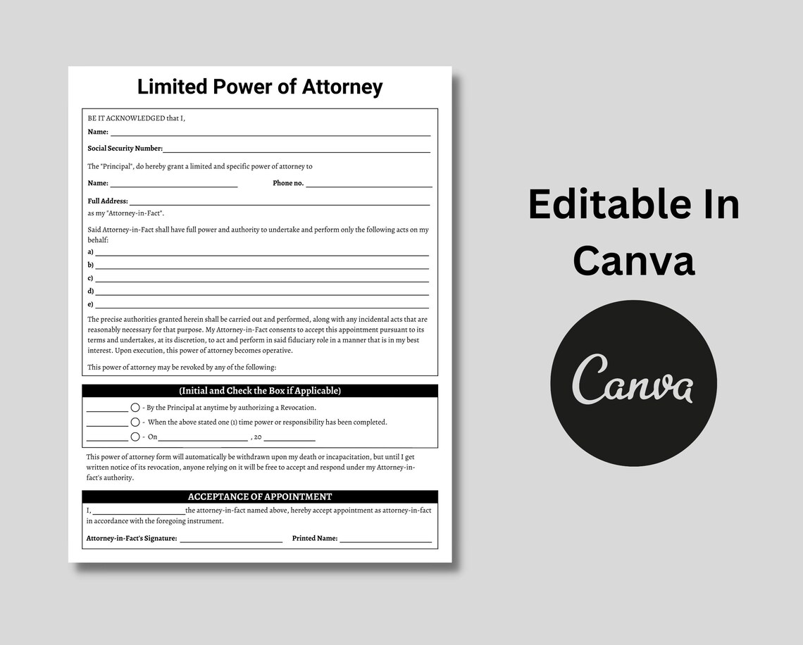 Limited Power of Attorney File, Editable Standard POA, Finance Property ...