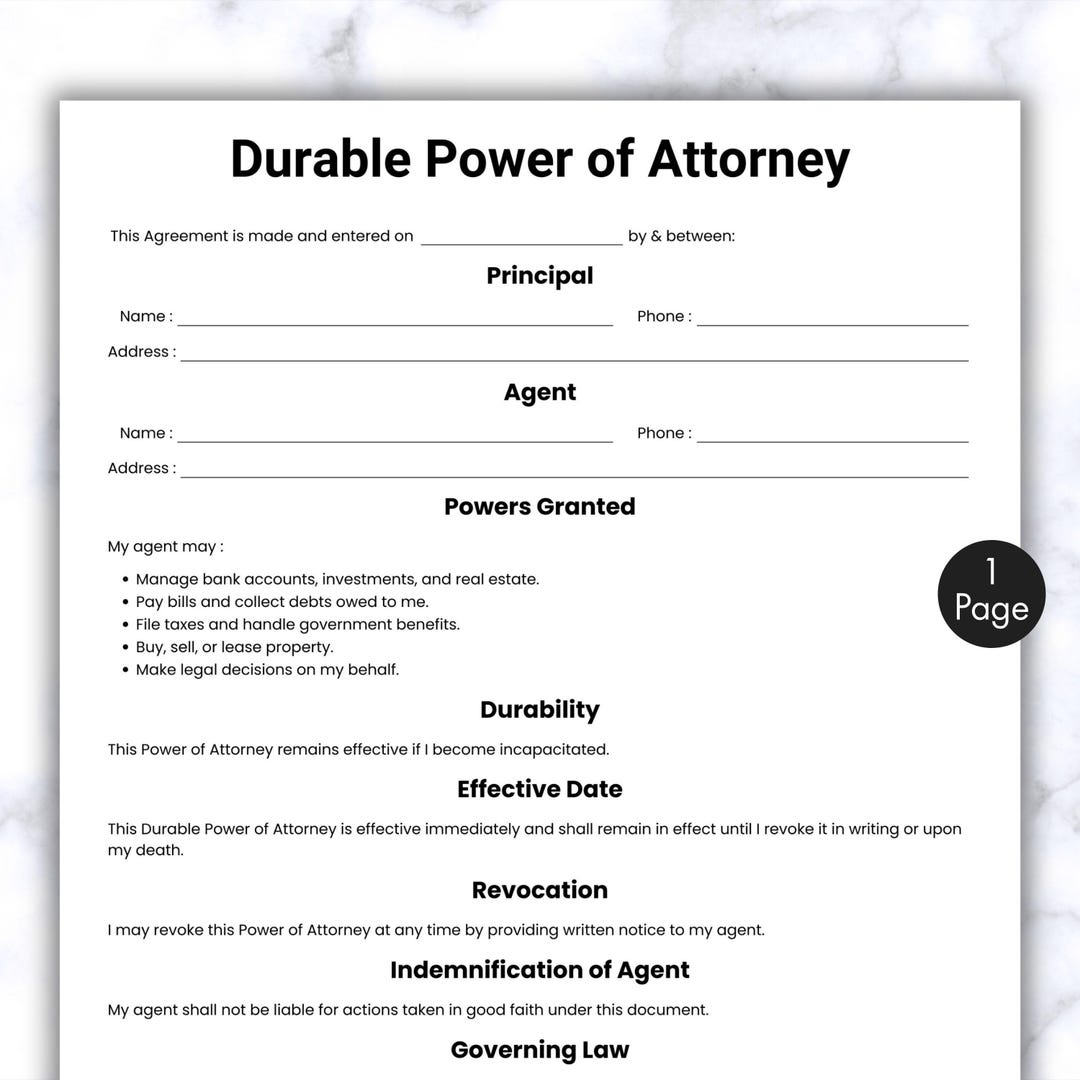 Simple Durable Power of Attorney Template, One Page Durable Financial ...