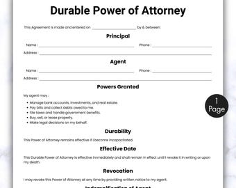 Editable Durable Power of Attorney Template, Single Page Durable ...