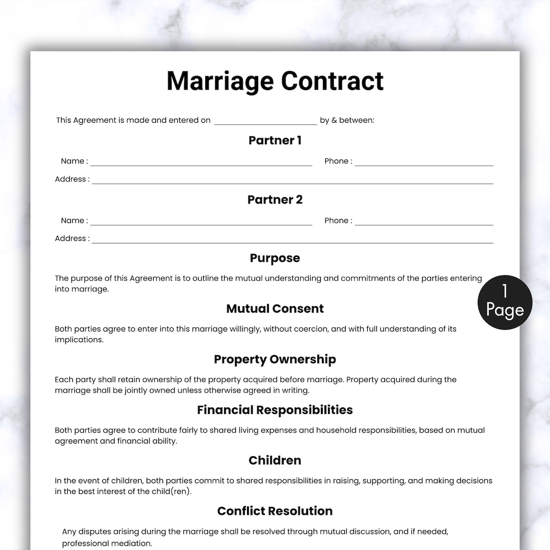 Simple Marriage Contract, One Page Couple Marriage Agreement Form Canva ...