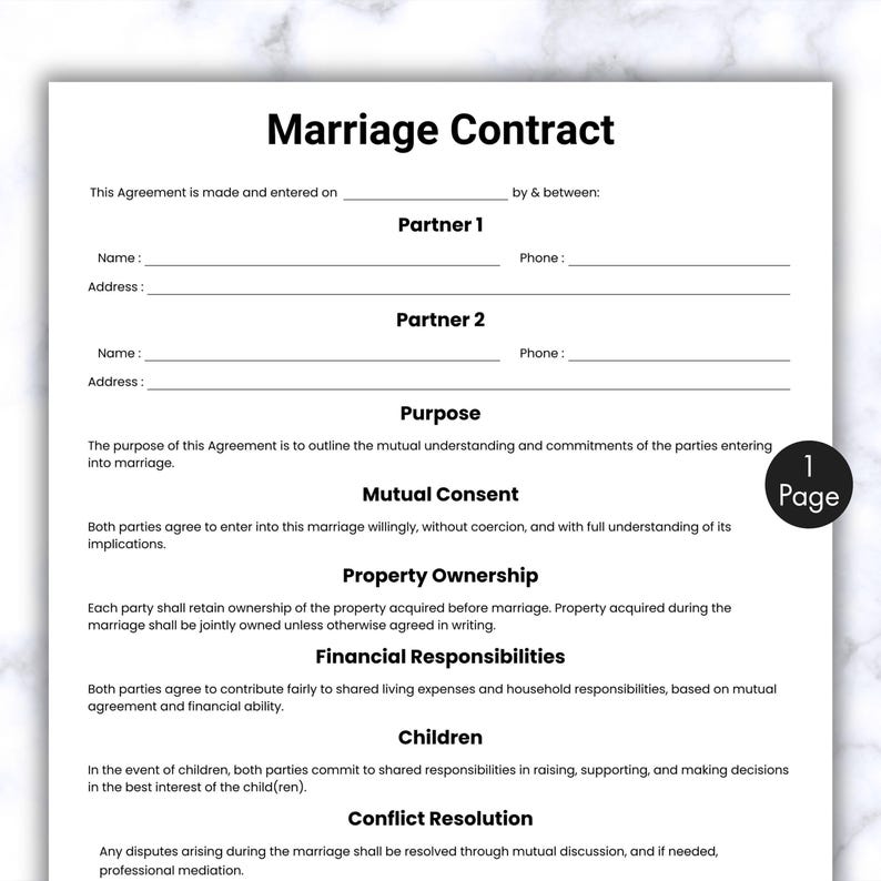Simple Marriage Contract, One Page Couple Marriage Agreement Form Canva ...