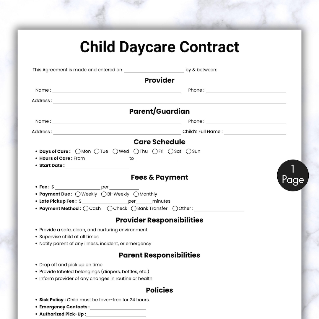 Simple Child Daycare Contract, One Page Daycare Paperwork Form Template ...