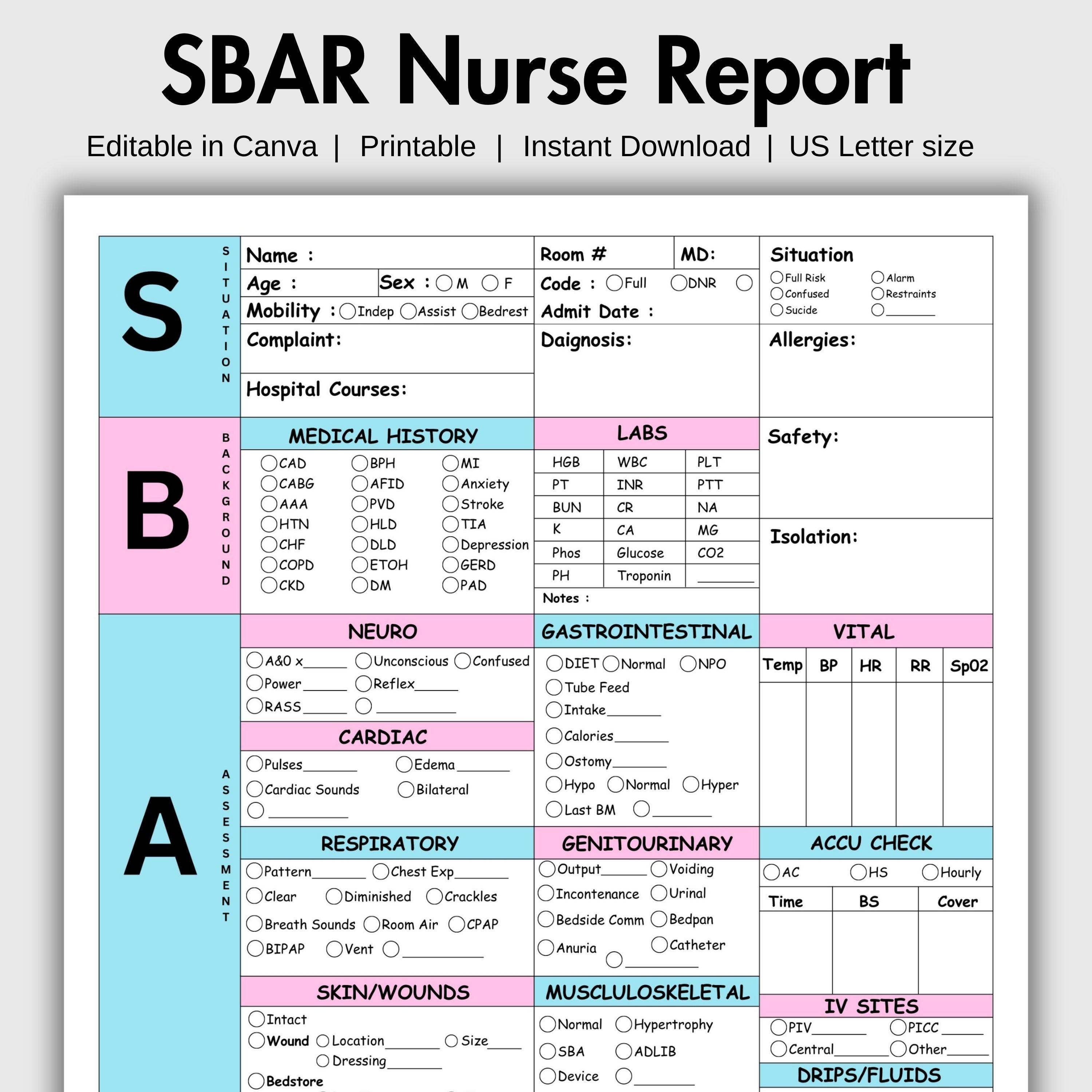 SBAR Nurse Report Sheet | Editable Handoff Template | Printable Nursing ...