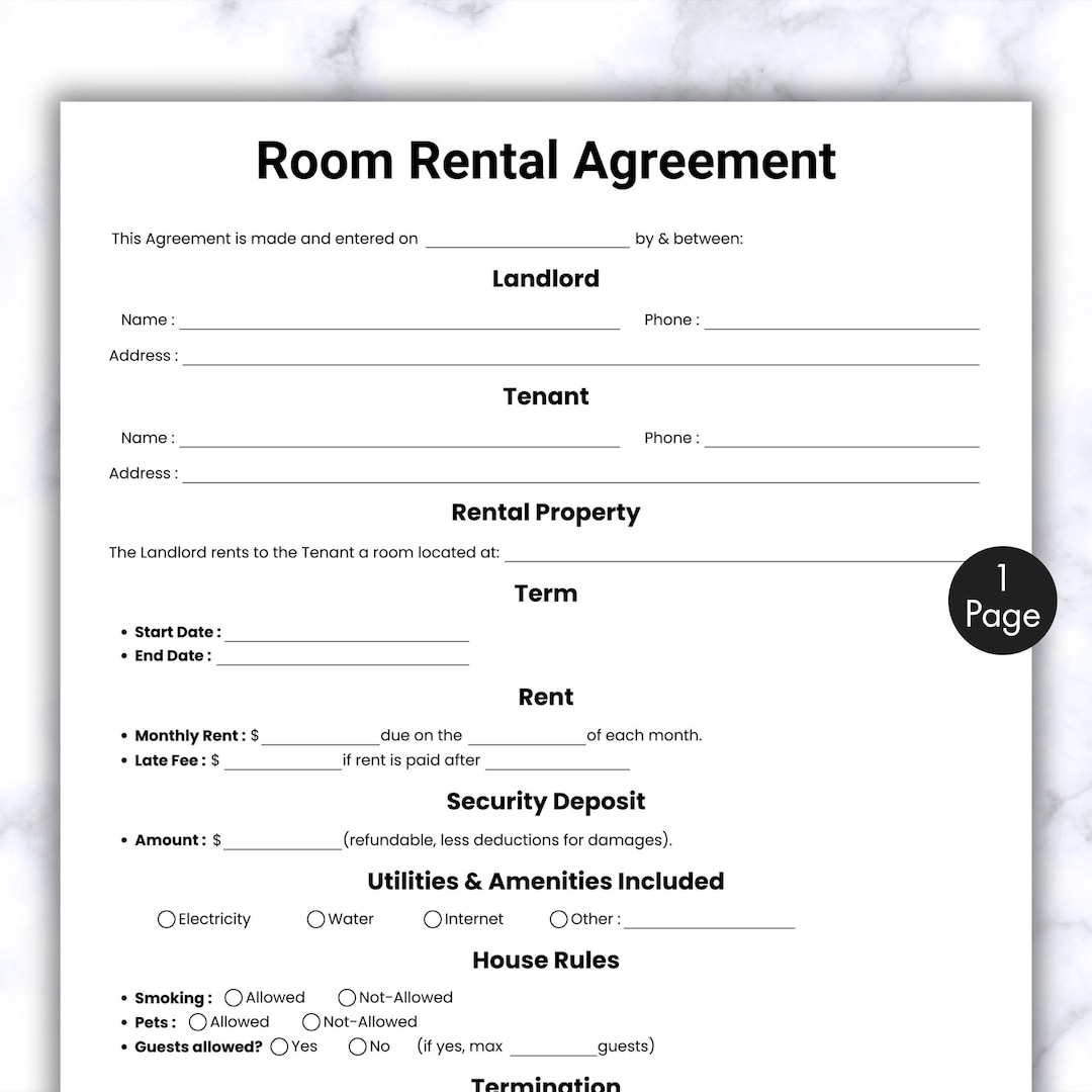 Simple Room Rental Agreement Template, One Page Room Tenancy Contract ...