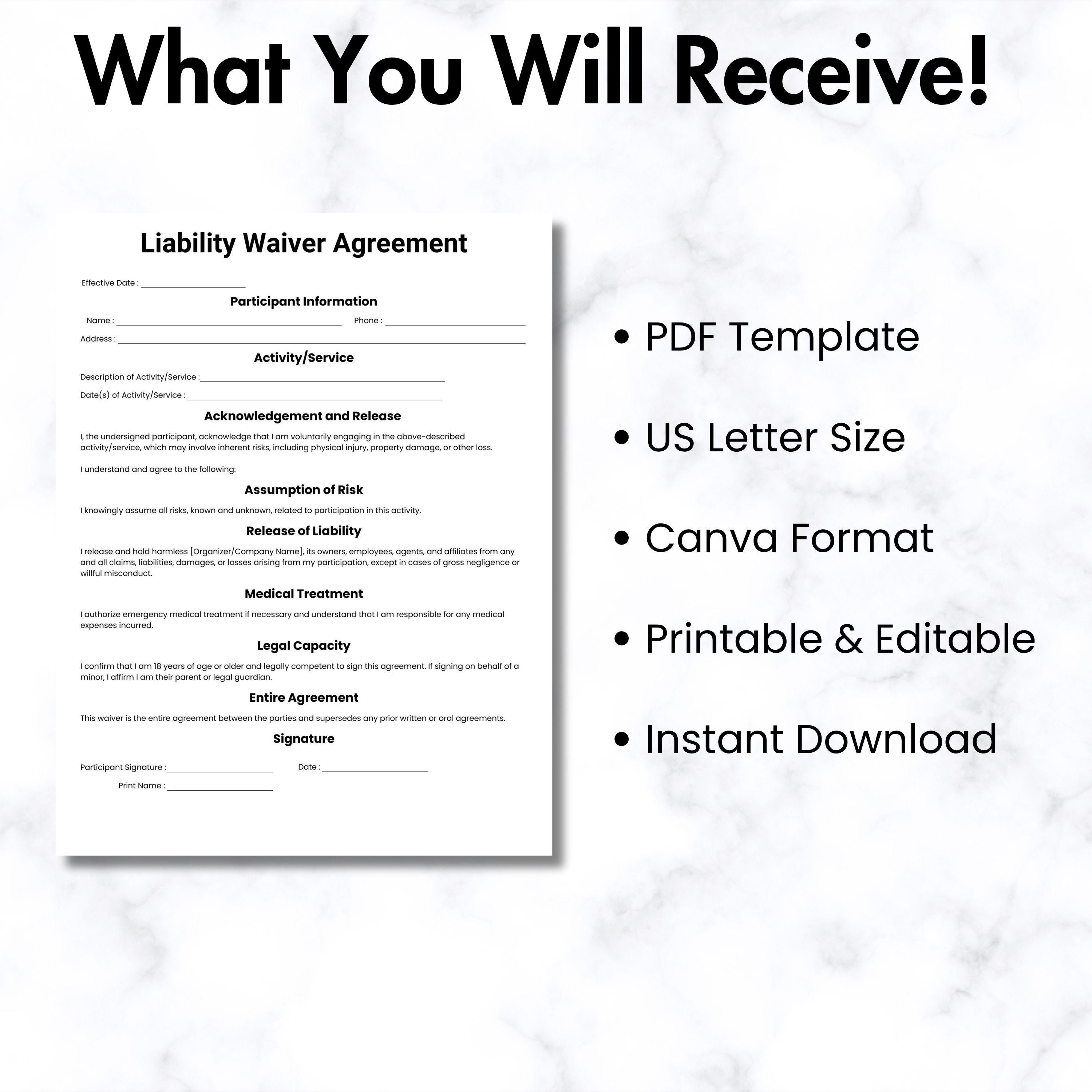 Simple Liability Waiver Agreement, One Page Release of Liability ...