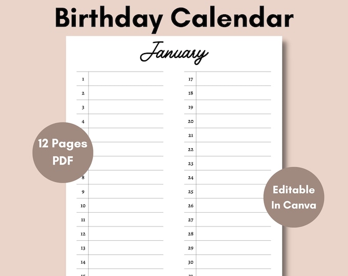 Printable Birthday Tracker, Editable Birthday Calendar, Birthday ...