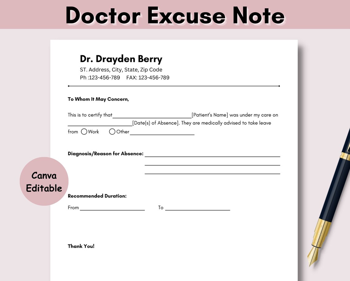 Doctor Excuse Template Doctor Excuse for Work Doctor Excuse - Etsy