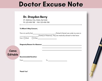 Doctor Excuse Template, Doctor Excuse for Work, Doctor Excuse Letter, Doctor Note for Work ...