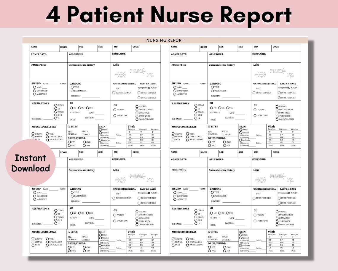 4 Patient Nurse Report Sheet Printable Template Nurse Brain - Etsy UK