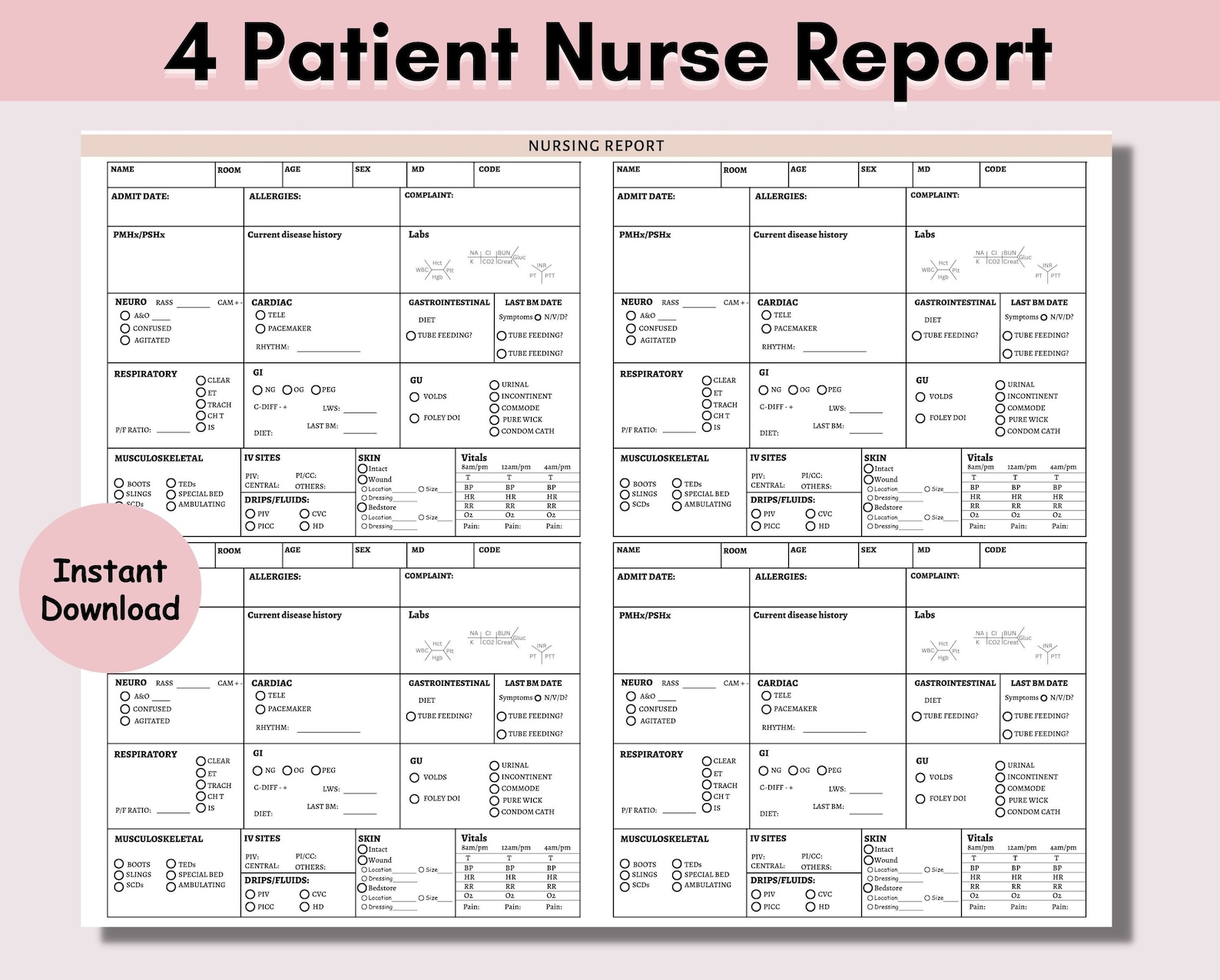 4 Patient Nurse Report Sheet Printable Template Nurse Brain - Etsy Canada