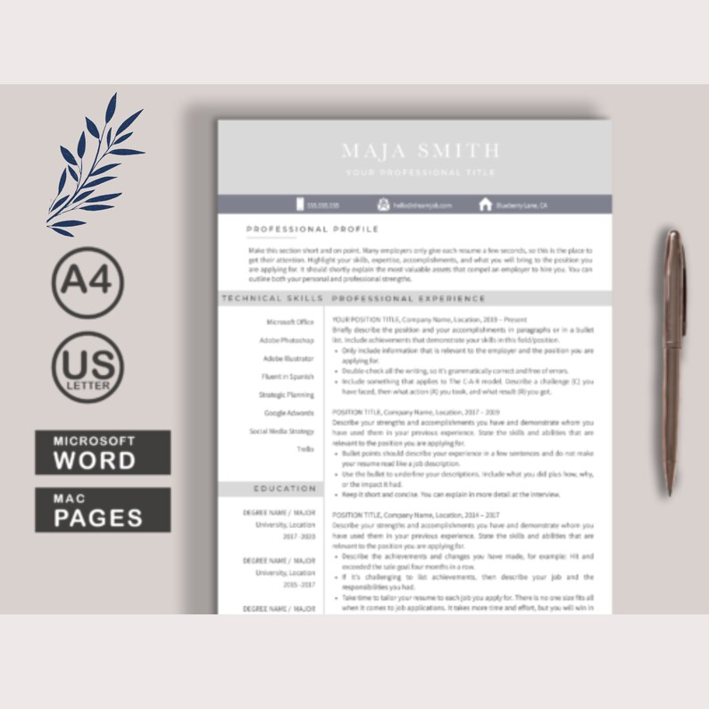 Clean Modern Executive Resume Template for Pages Word & Mac - Etsy