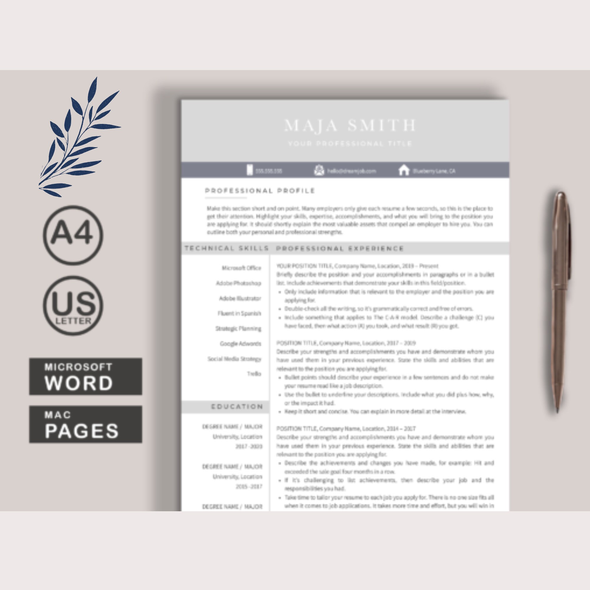 Clean Modern Executive Resume Template for Pages, Word & Mac Pages ...