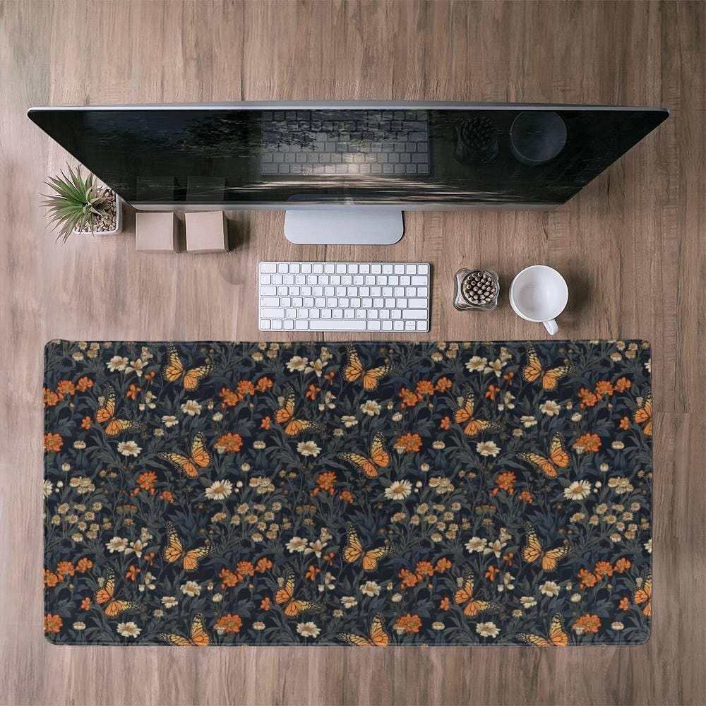 Dark Cottagecore Monarch Butterfly Whimsical Desk Mat, Floral Desk Mat ...