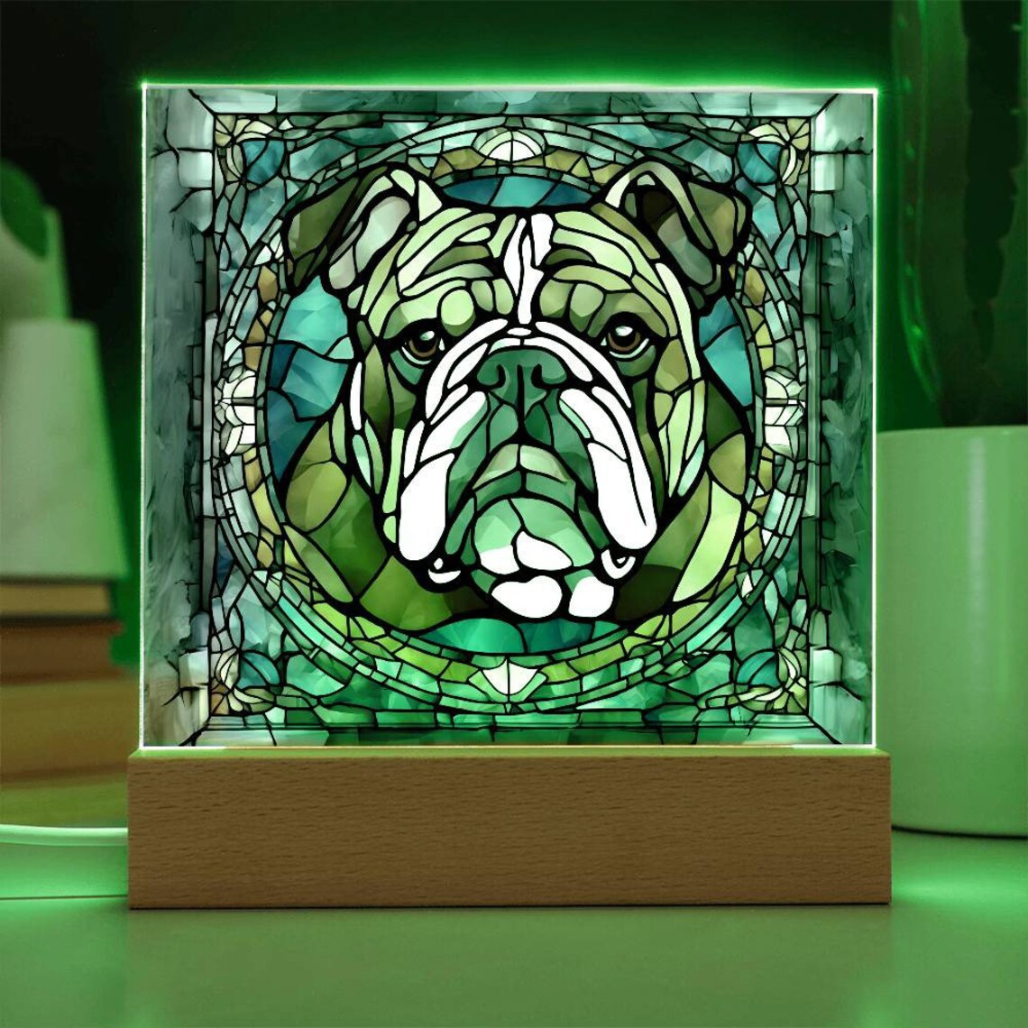 Bulldog in Stained Glass Design Acrylic Square Plaque- Birthday/loss of ...