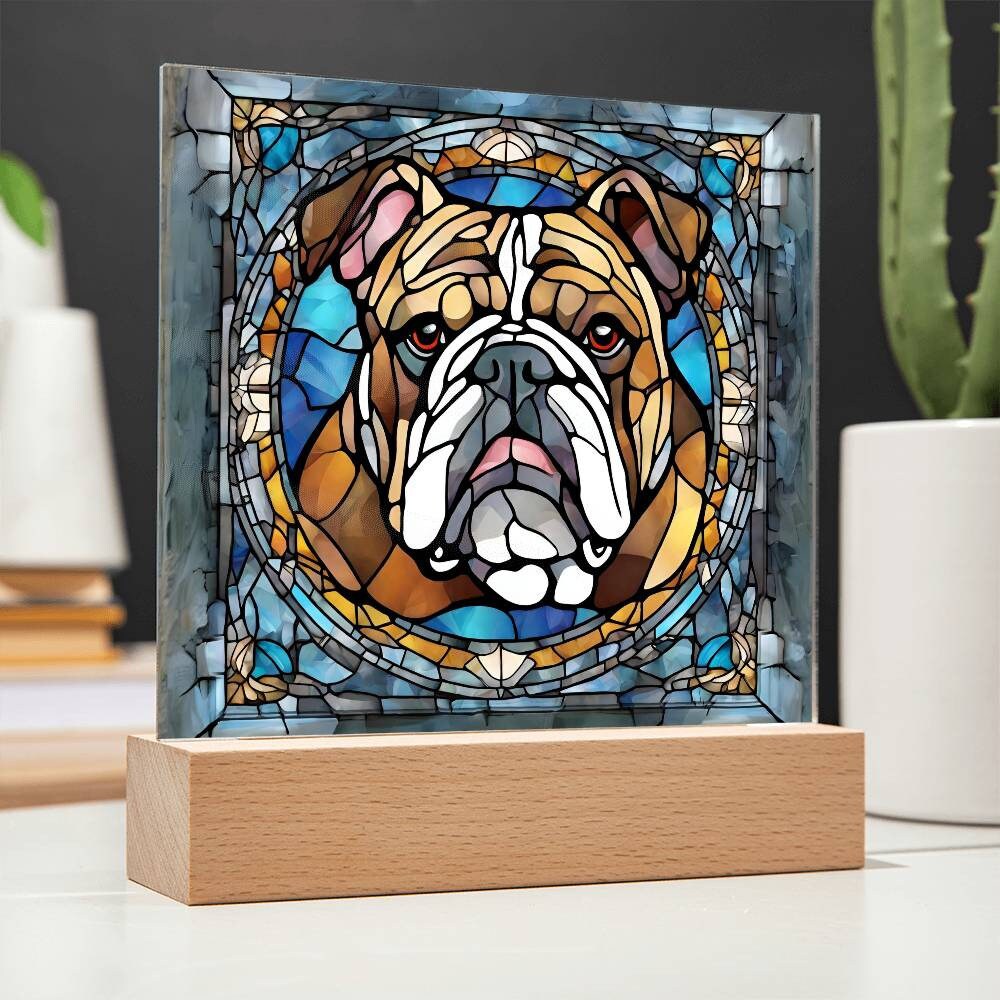 Bulldog in Stained Glass Design Acrylic Square Plaque- Birthday/loss of ...