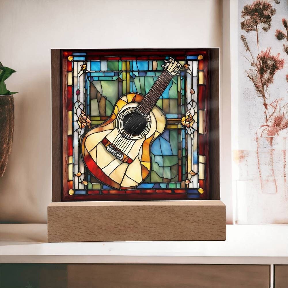 Guitar in Stained Glass Design Acrylic Square Plaque- (gift for ...