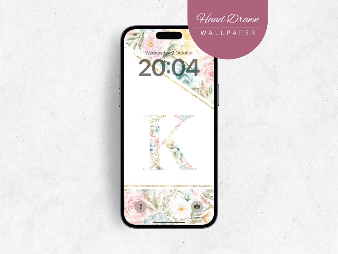 Letter K Initial iPhone Wallpaper, Watercolour Flower Hand Drawn Floral ...