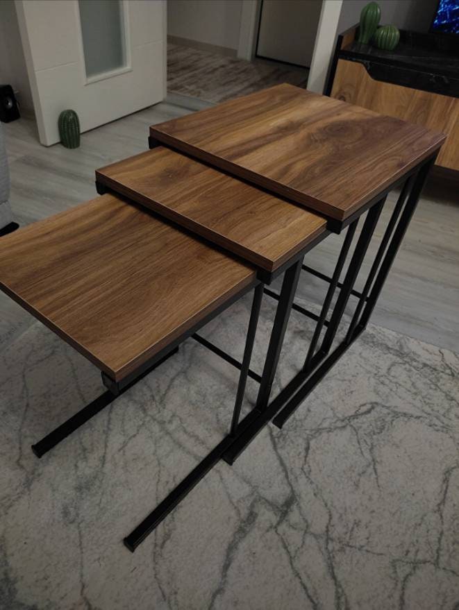 Triple Coffee Table Set Nesting Table Trio Metal & Wood Sofa Table C ...