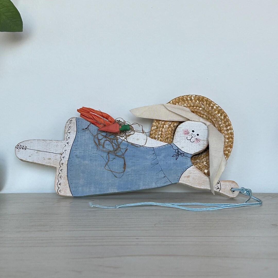 Vintage Handmade Wooden Rabbit - Primitive Hand Painted Rustic Bunny ...