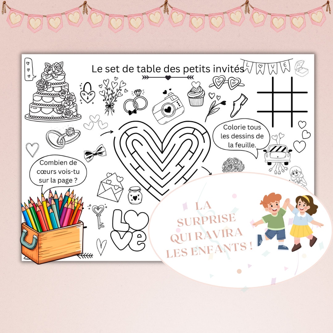 10 Set de table enfant mariage - Set de table activités mariage - Set ...