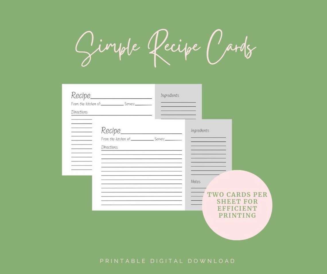 Simple Recipe Cards- Printable Recipe Cards - Etsy