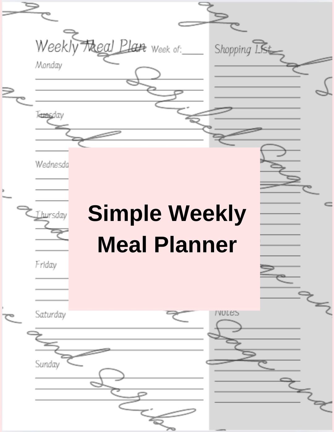 Simple Weekly Meal Planner- Printable Meal Planner - Etsy