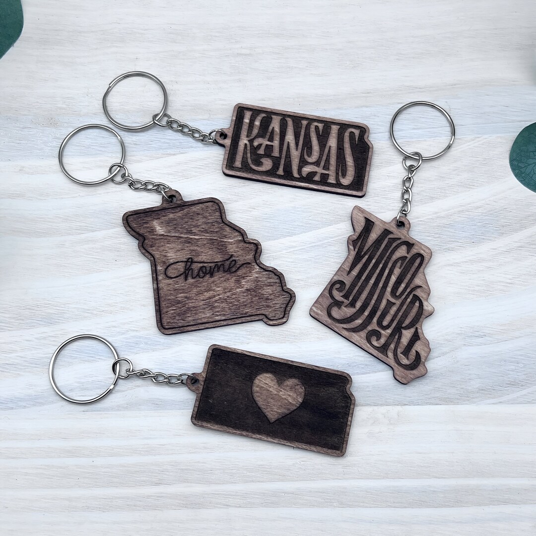 MO/KS Keychains. Wood Stained, Engraved Keychains. State Keychains ...