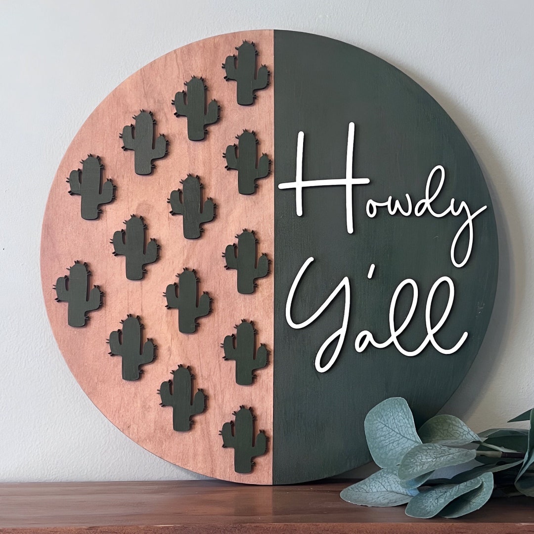 Howdy Y’all. Cactus Front Door Sign. Layered Wood Door Hanger. Laser ...