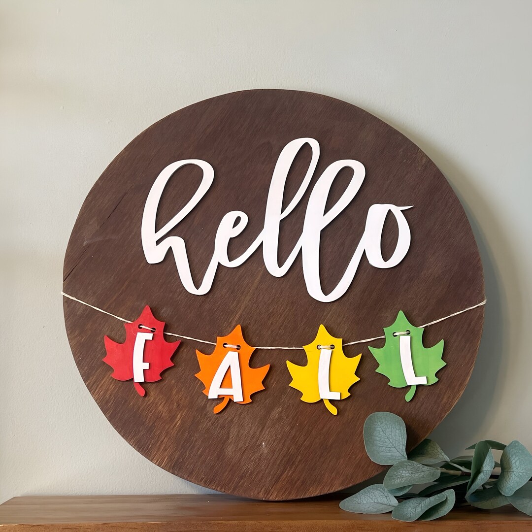Hello Fall, Hanging Colorful Leaves Front Door Hanger. Welcome Door ...