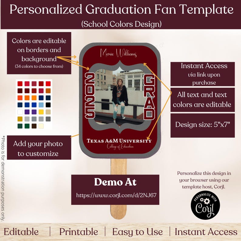 Digital Graduation Fan Template | Edit Photo, School Colors, Name | DIY ...