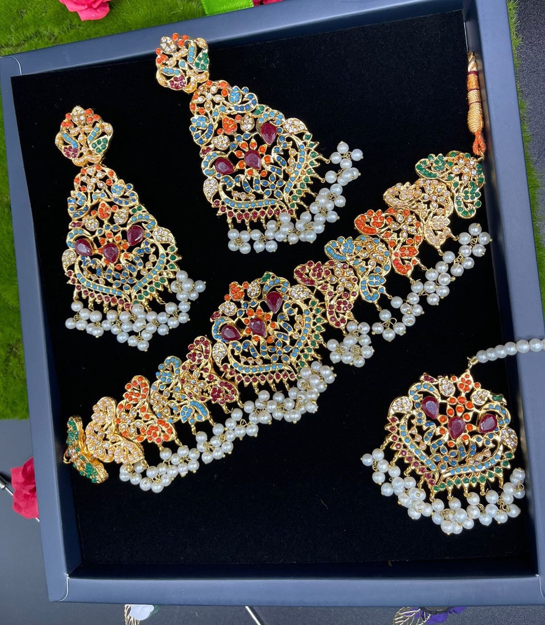 Nauratan Choker Necklace Bridal Jewelry Set - Etsy