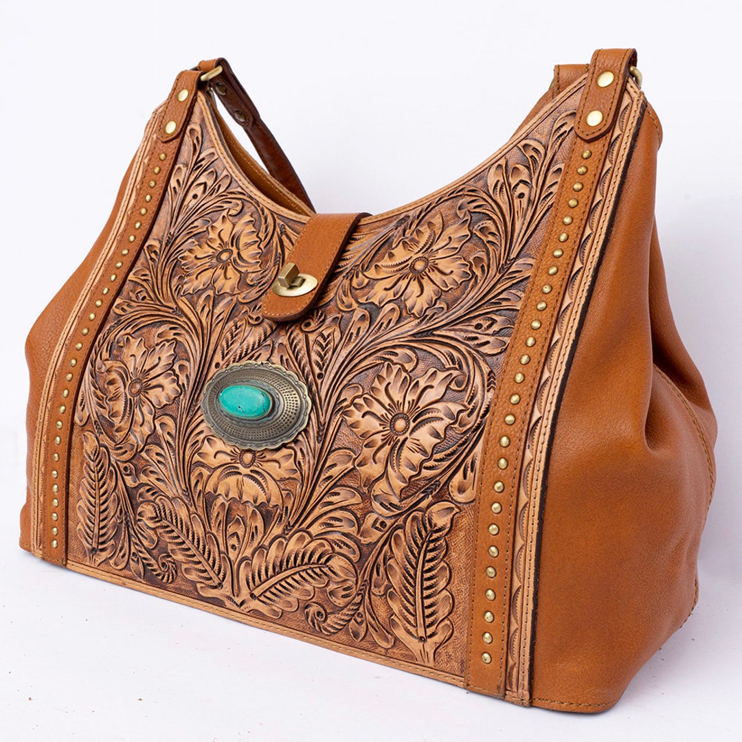 American Turquoise Stone Beautiful Shoulder Hobo Bag Hand Tooled Carved ...