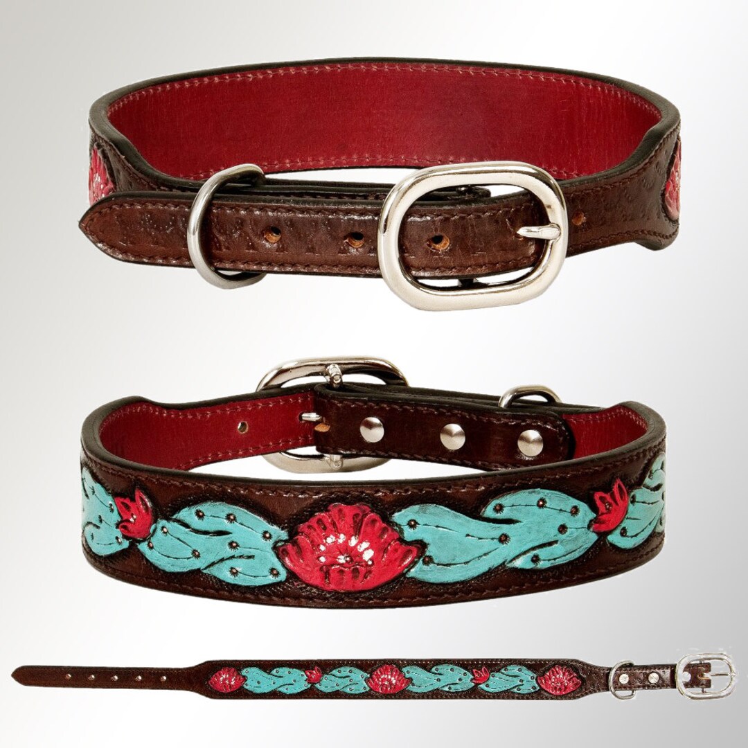 Personalized Floral Hand Tooled Genuine Leather Dog Collar,hand Painted ...