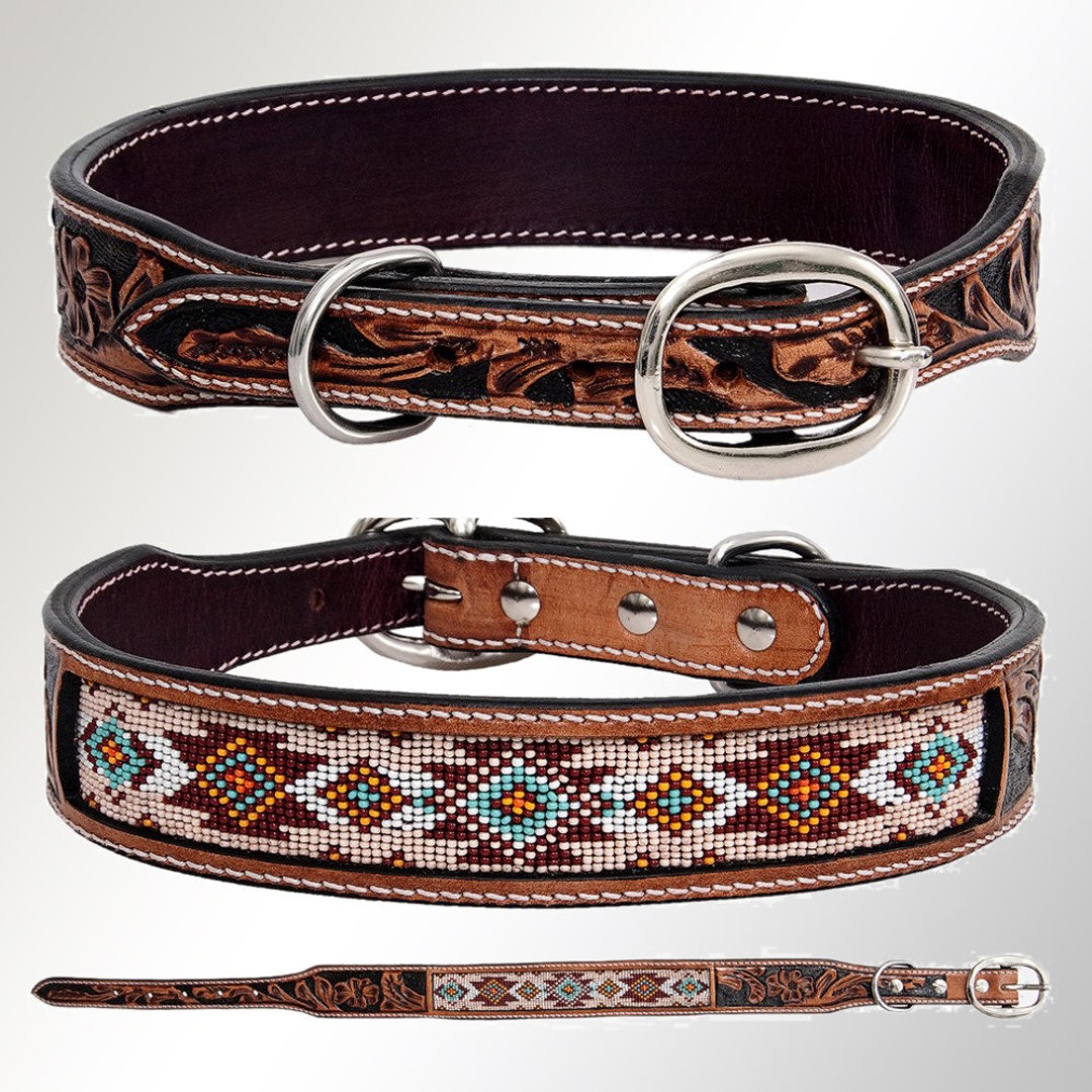 Genuine Leather Handcrafted Dog Beaded Collar Hand Carved Tooled Dog ...