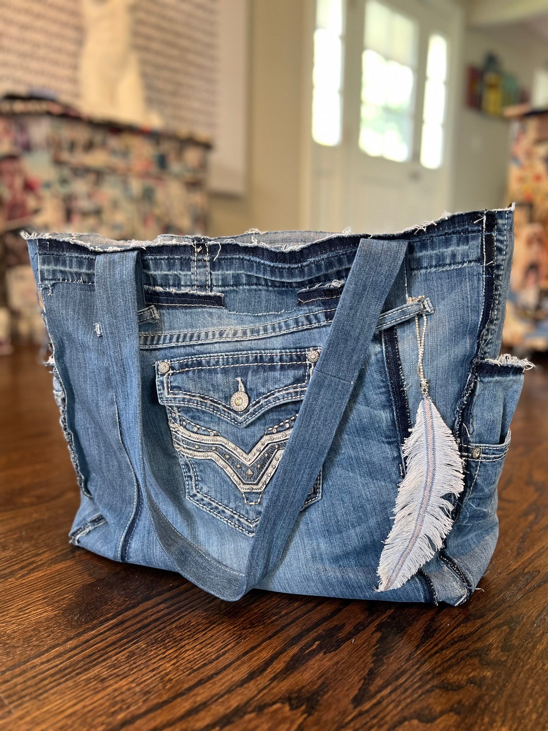 Large Artisan Denim Tote From Distressed Harley Davidson Jeans Many ...