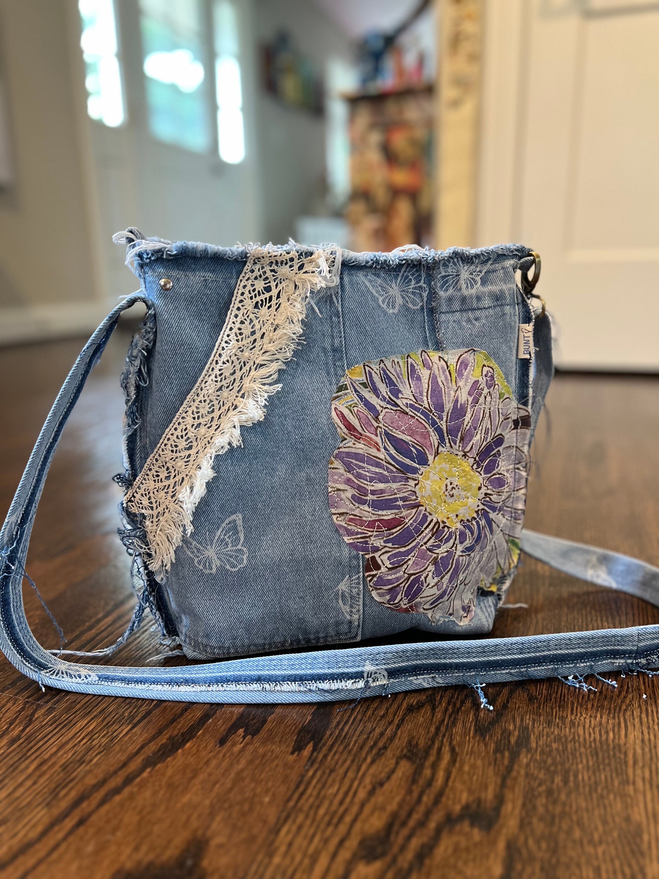 Purse in Boho Style, Light Blue Denim Bag, Recycled Jean, Lace & Fabric ...