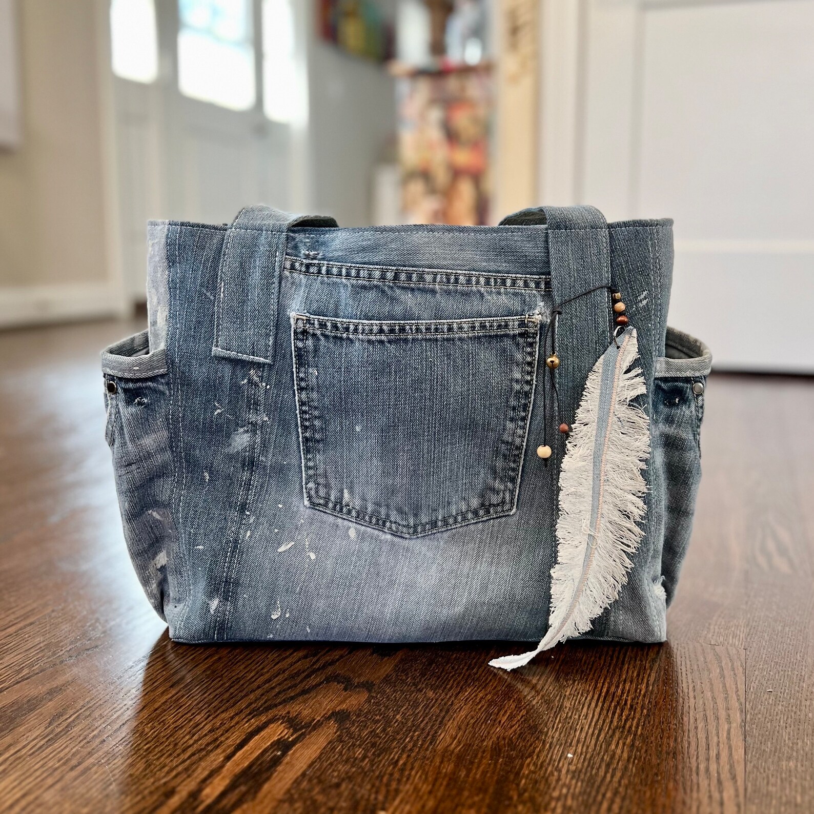Large Jean Tote, Sustainable Shopper, Multiple Pockets, Hook for Key ...