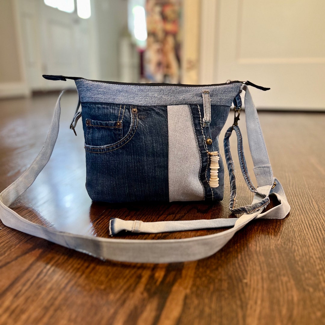 Patchwork Denim Purse, Small Size, 3 Slide-in Outside Pockets, Zipper ...