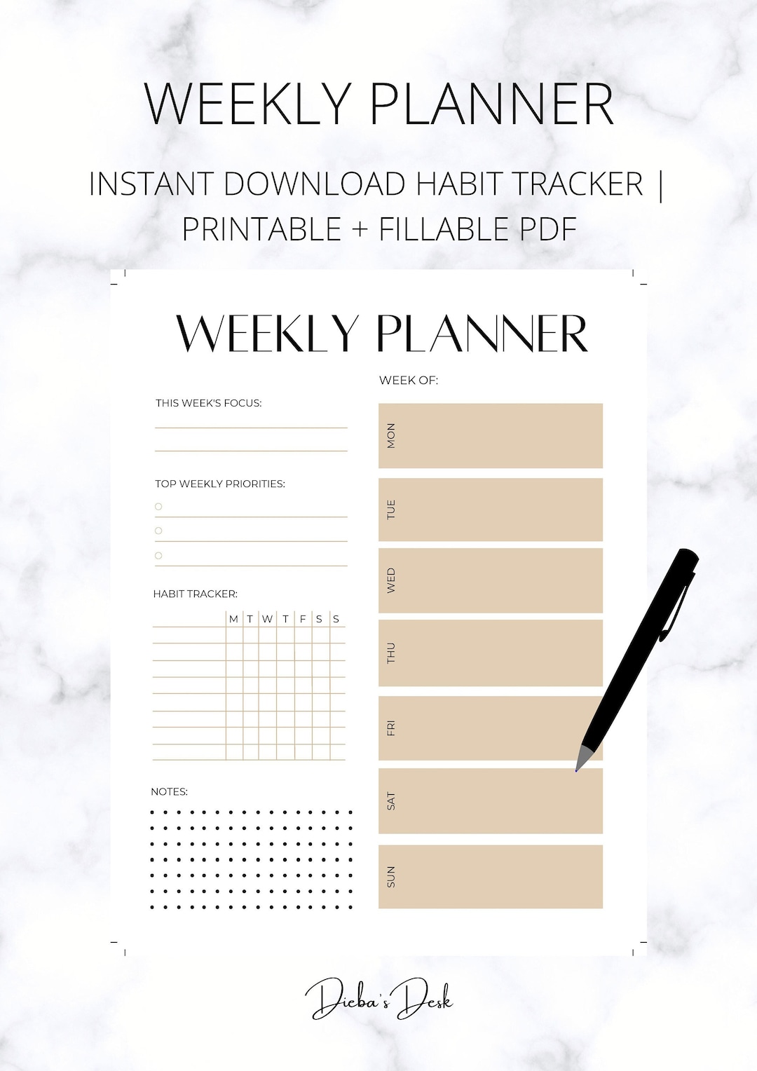 Printable Weekly Planner Productivity Aesthetic Planner Weekly Goals ...