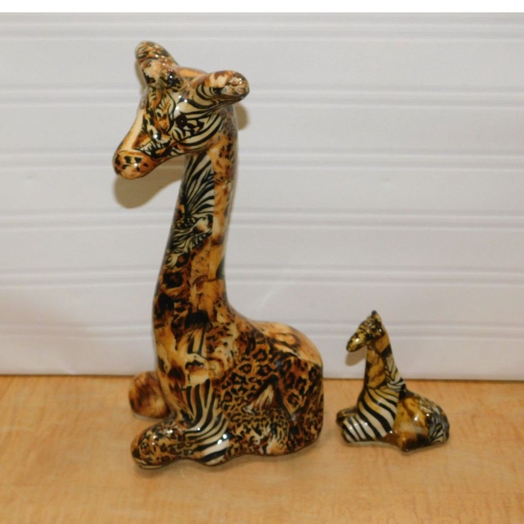 African Safari Animals Jungle Patchwork Glazed Giraffe & Baby Figurine ...