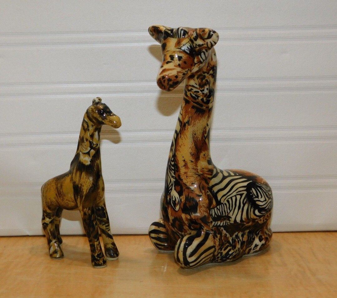 African Safari Animals Jungle Patchwork Glazed Giraffe & Baby Figurine ...